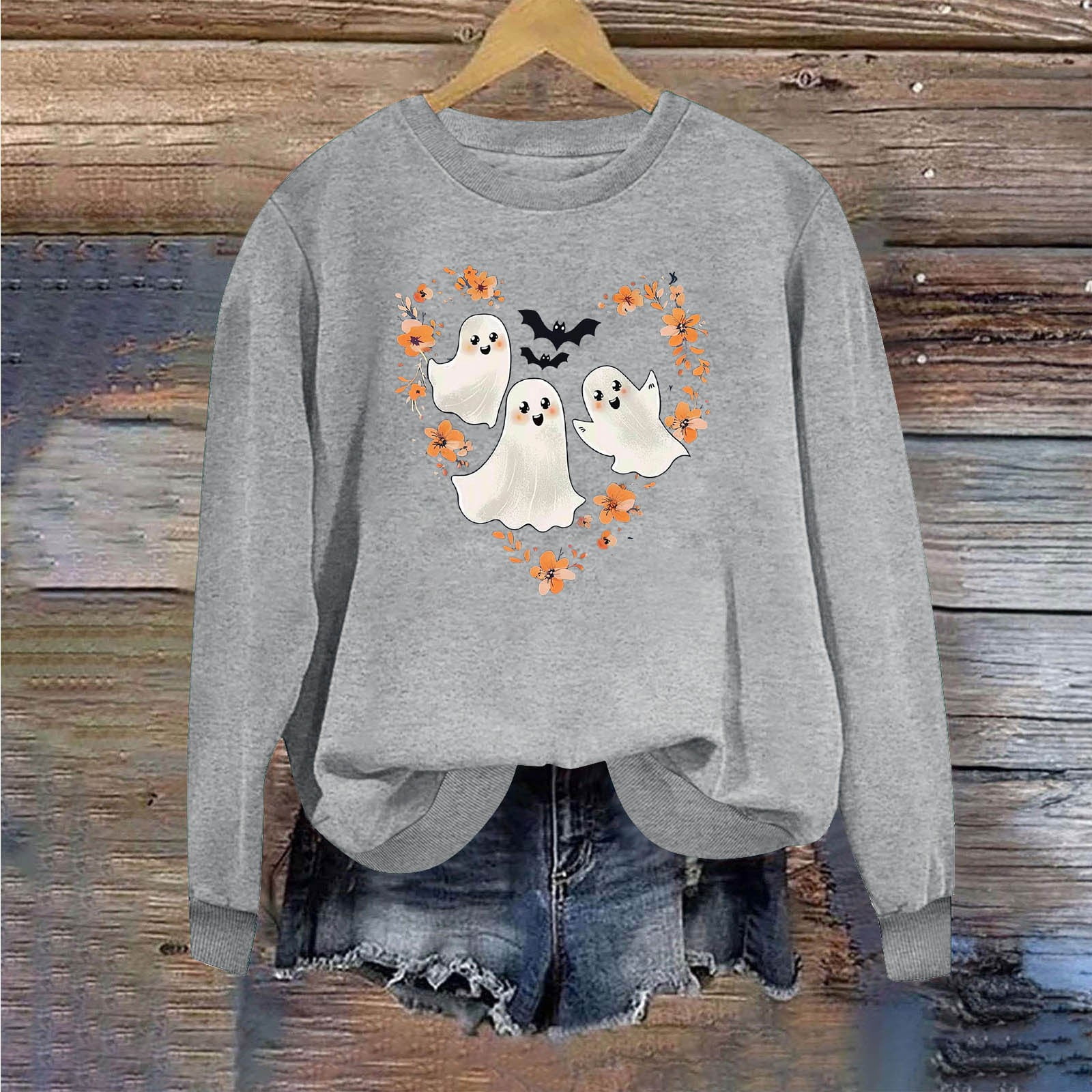 DailyTrove Women's Halloween Long - Sleeve Top, Ghost & Pumpkin Print ...