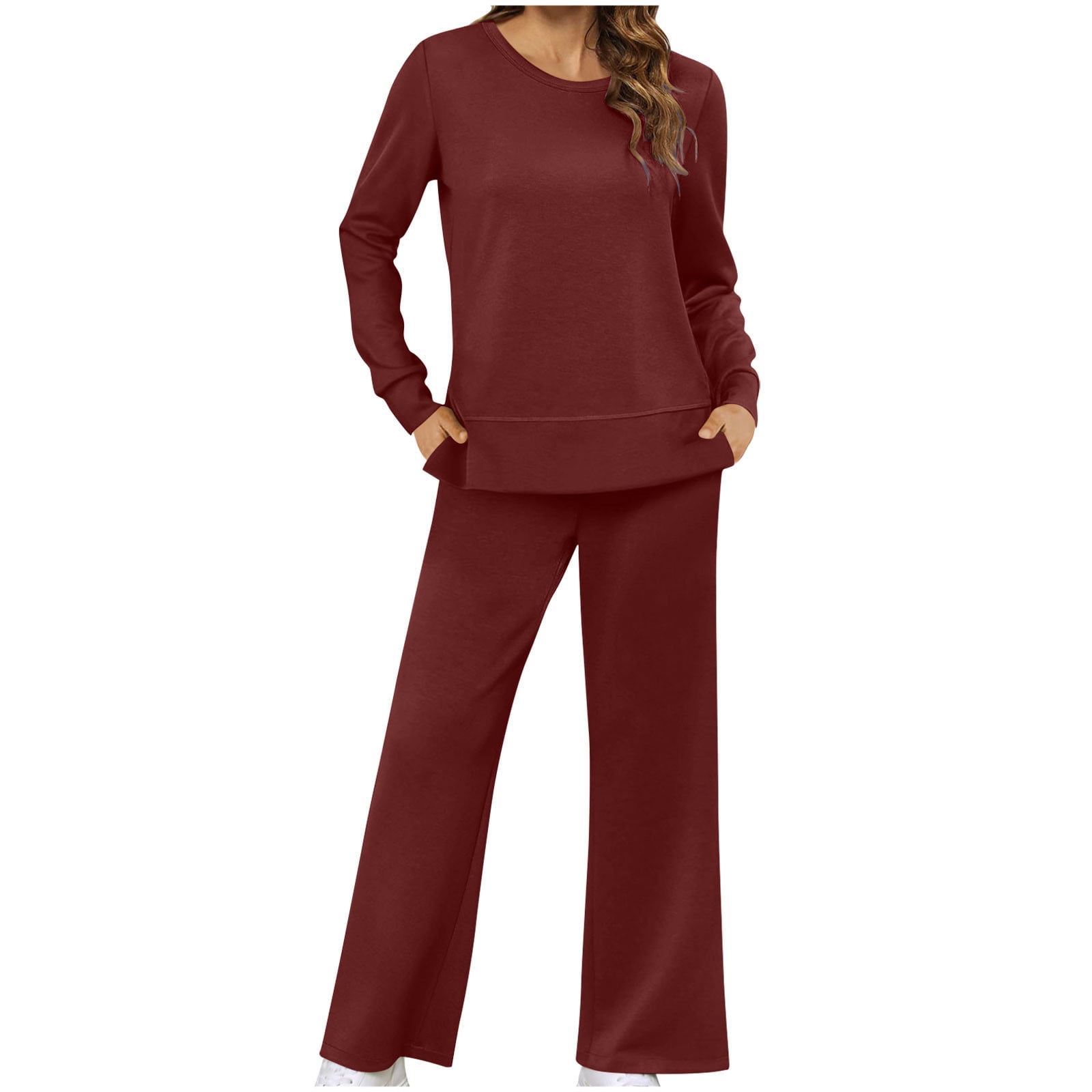 DailyTrove Women's Long Sleeve Crew Neck Scrub Set - Solid Color, Loose ...