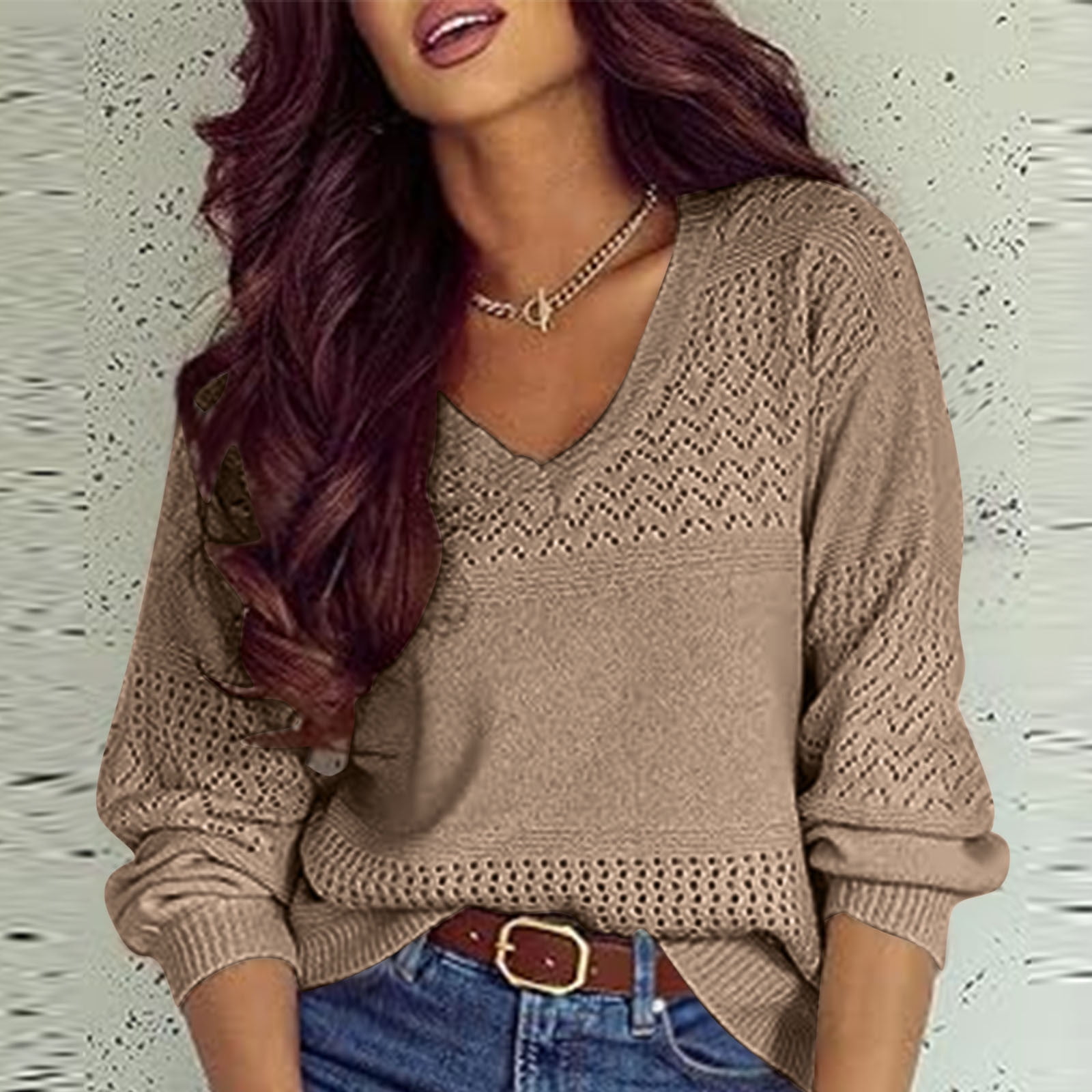 DailyTrove Women's Open-Knit V-Neck Top, Long Sleeve, Casual Night Out ...