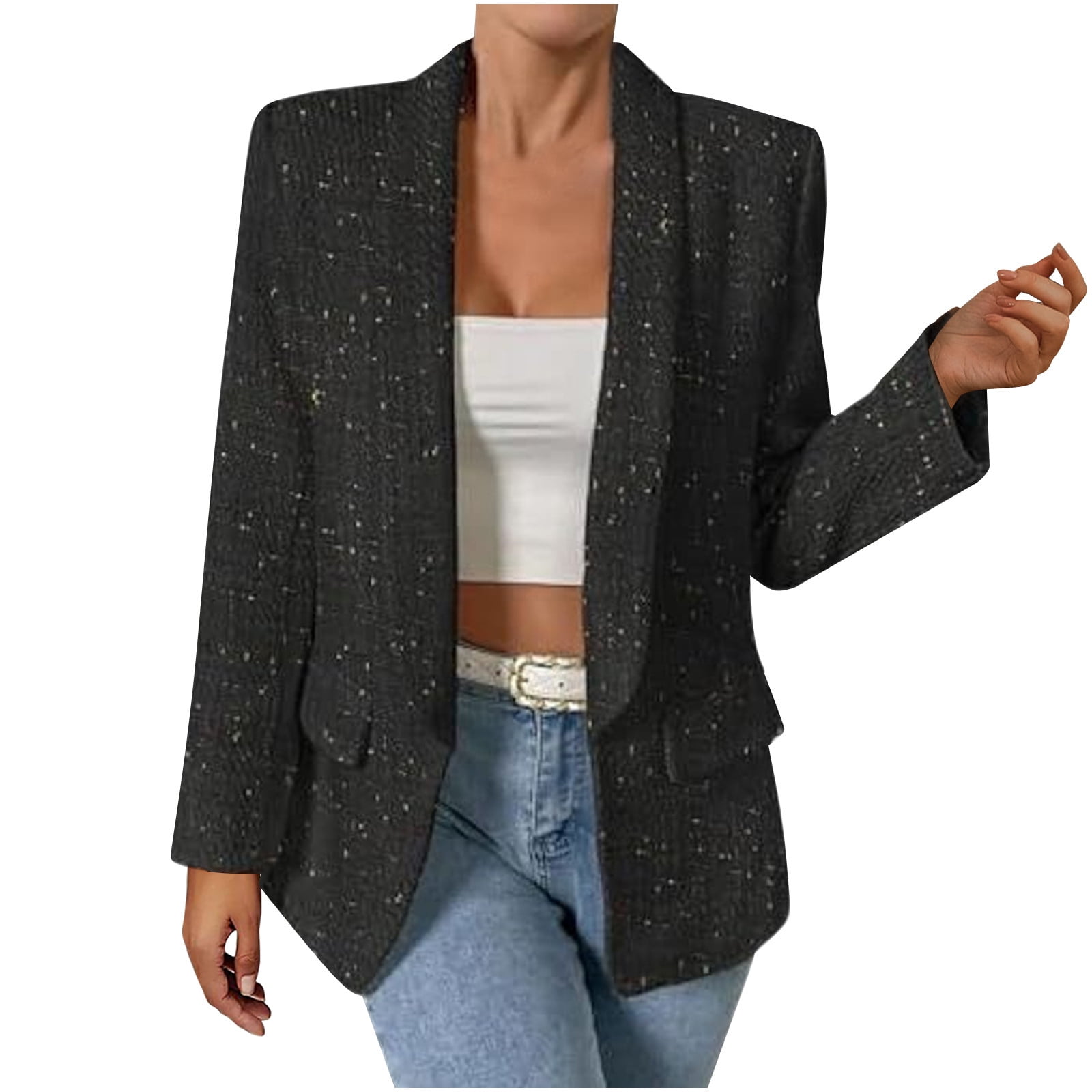 DailyTrove Women's Sequin Open Front Blazer, Long Sleeve Sparkly Outerwear for Winter ...