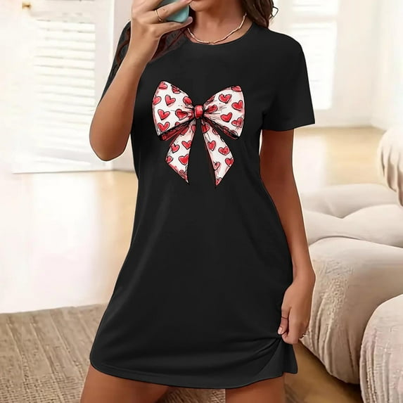 DailyTrove Women's Short Sleeve Sleep Dress - Bow Print Cute Cozy ...