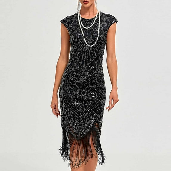 DailyTrove Women's Sleeveless Sequin Flapper Dress, Fringe Trim, Great ...