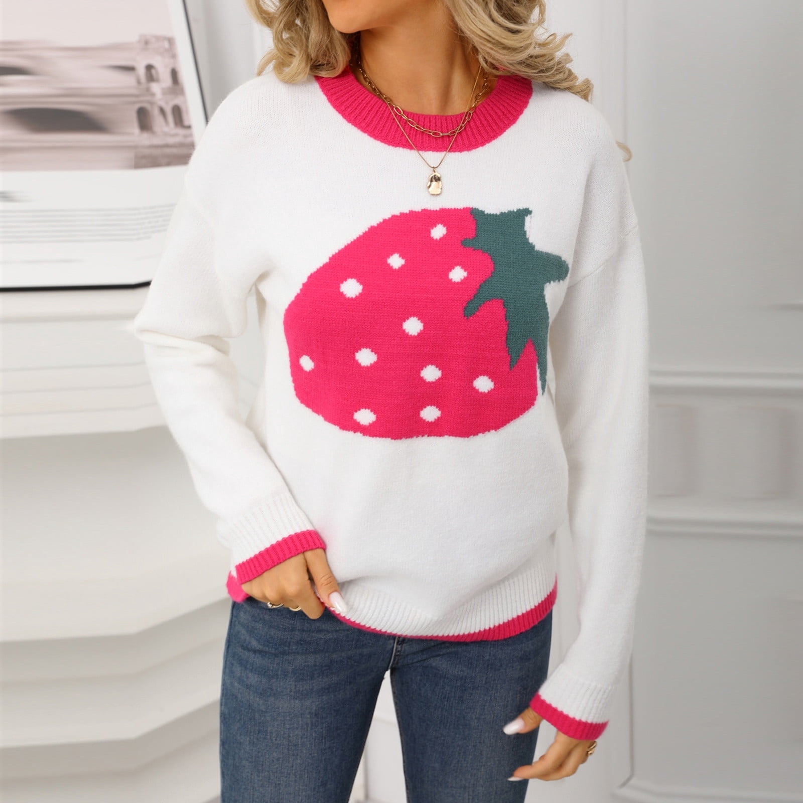 DailyTrove Women's Strawberry Print Top, Long Sleeve, Casual Festival ...