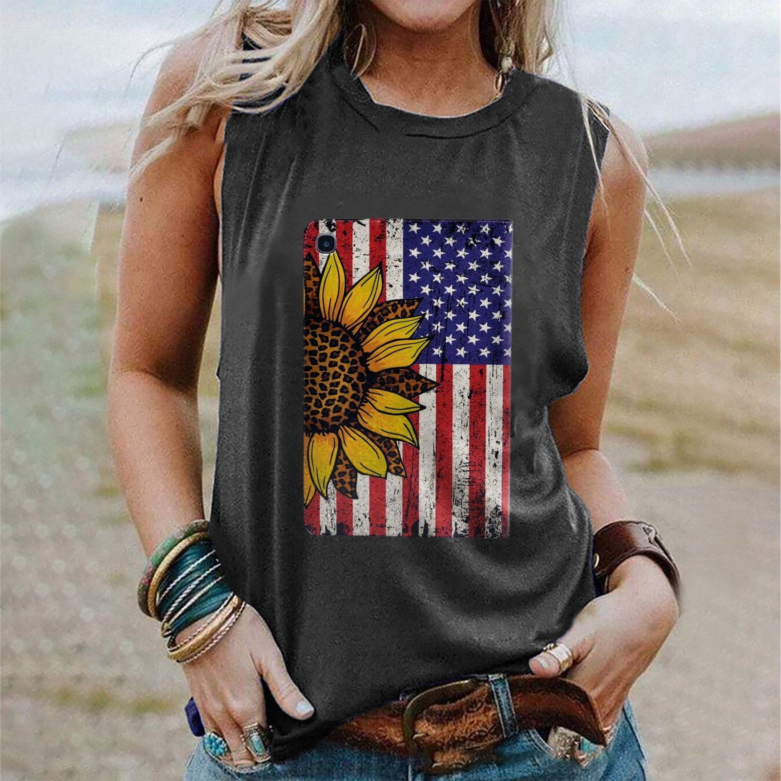 DailyTrove Women's Sunflower American Flag Tank Top - Polyester ...