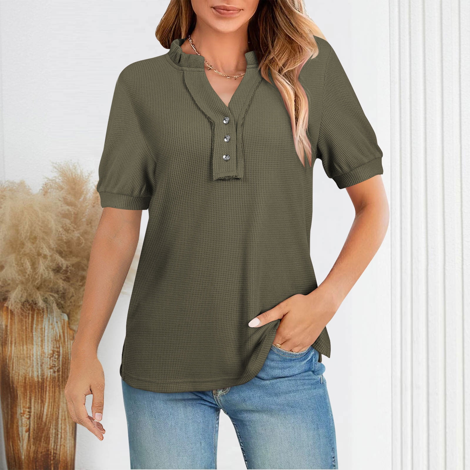 DailyTrove Women's V-Neck Short Sleeve Button Top - Summer Casual Daily ...