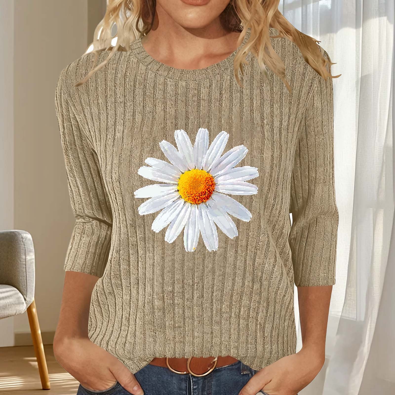 DailyTrove Womens Daisy Print Short Sleeve Knit Top - Loose Fit Multi-Color Casual Wear,Khaki,XL ...