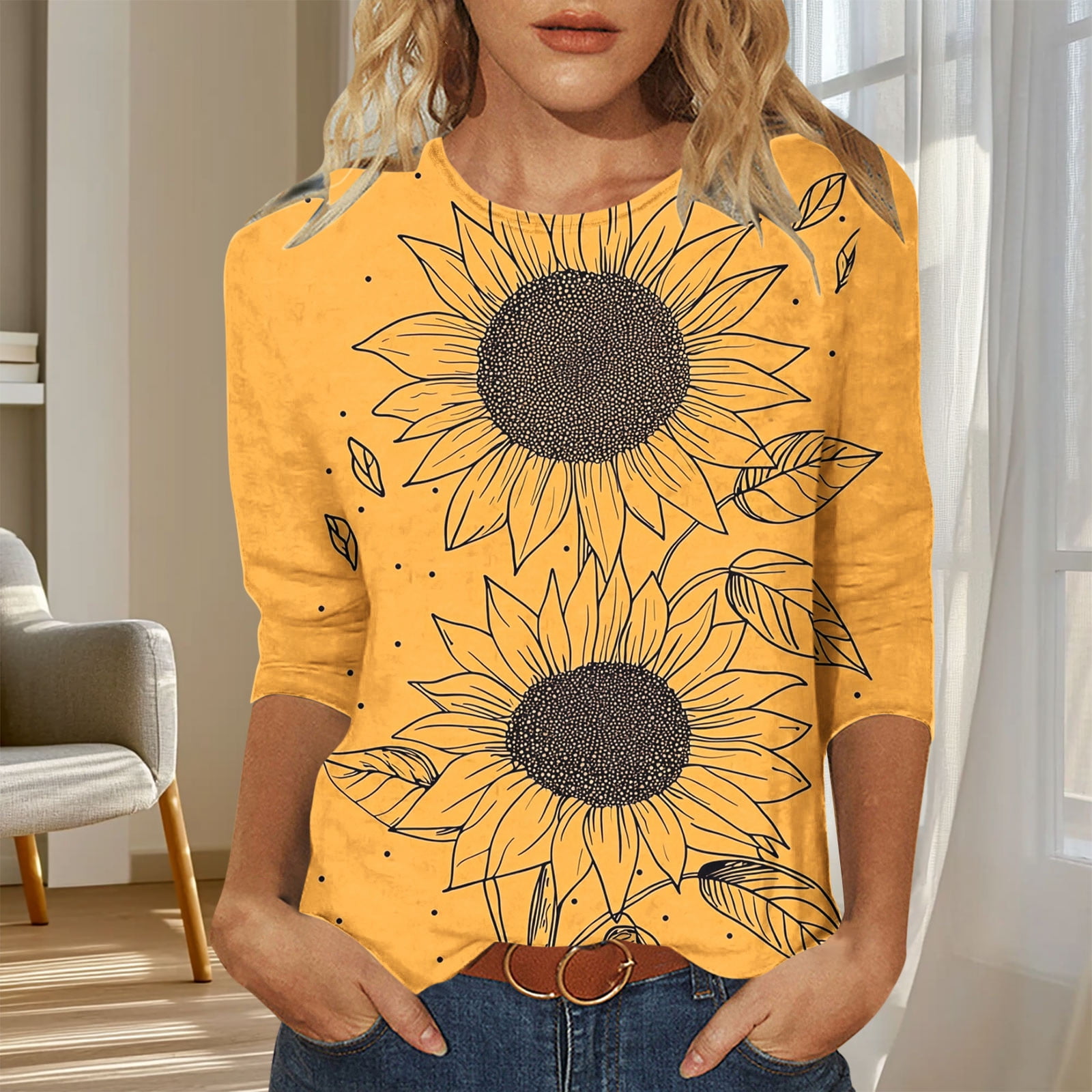 DailyTrove Womens Yellow Sunflower Print 3/4 Sleeve Blouse - Loose Fit ...
