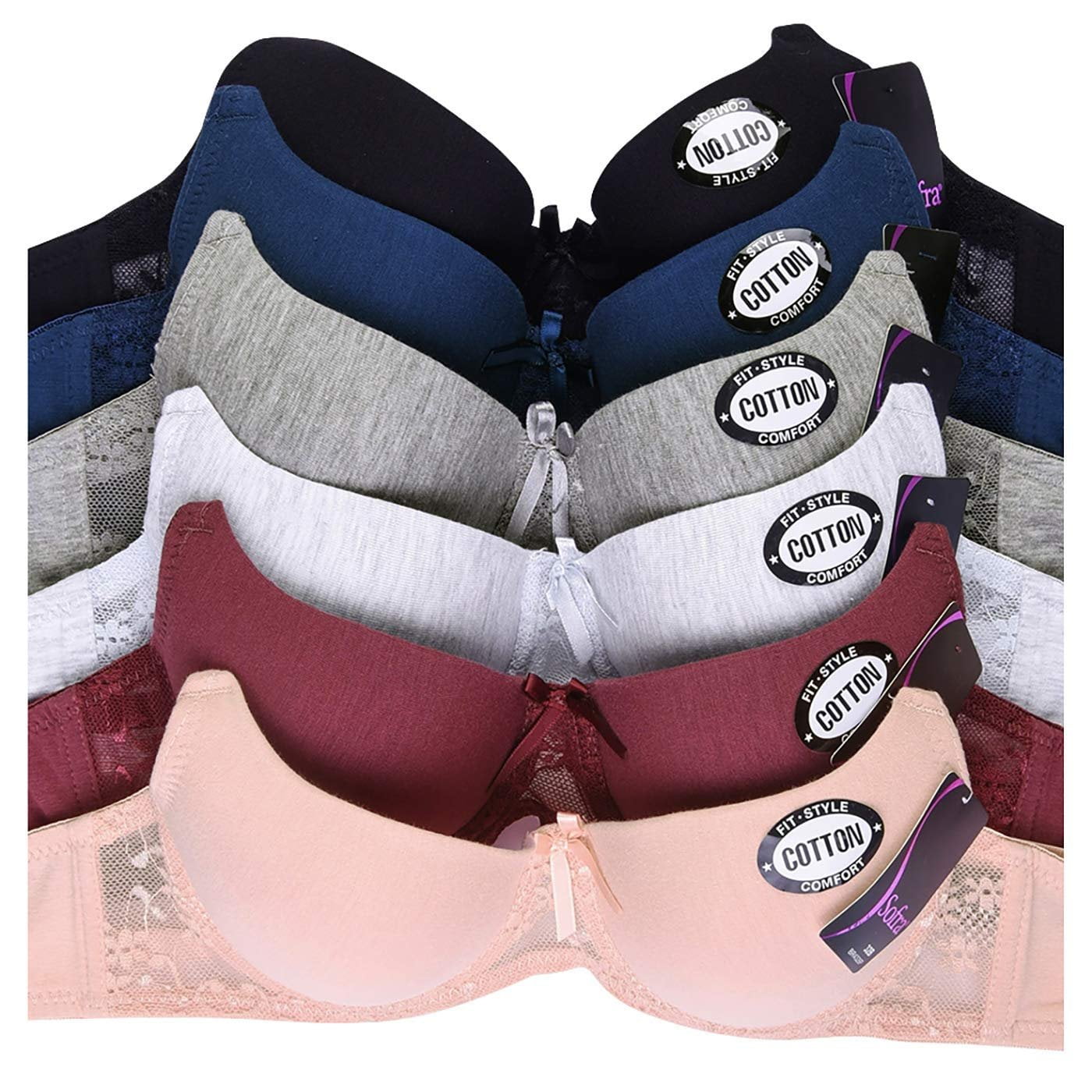 DailyWear Womens 6 Pack of Bras, 36C, Molded Cup, Underwire Support ...