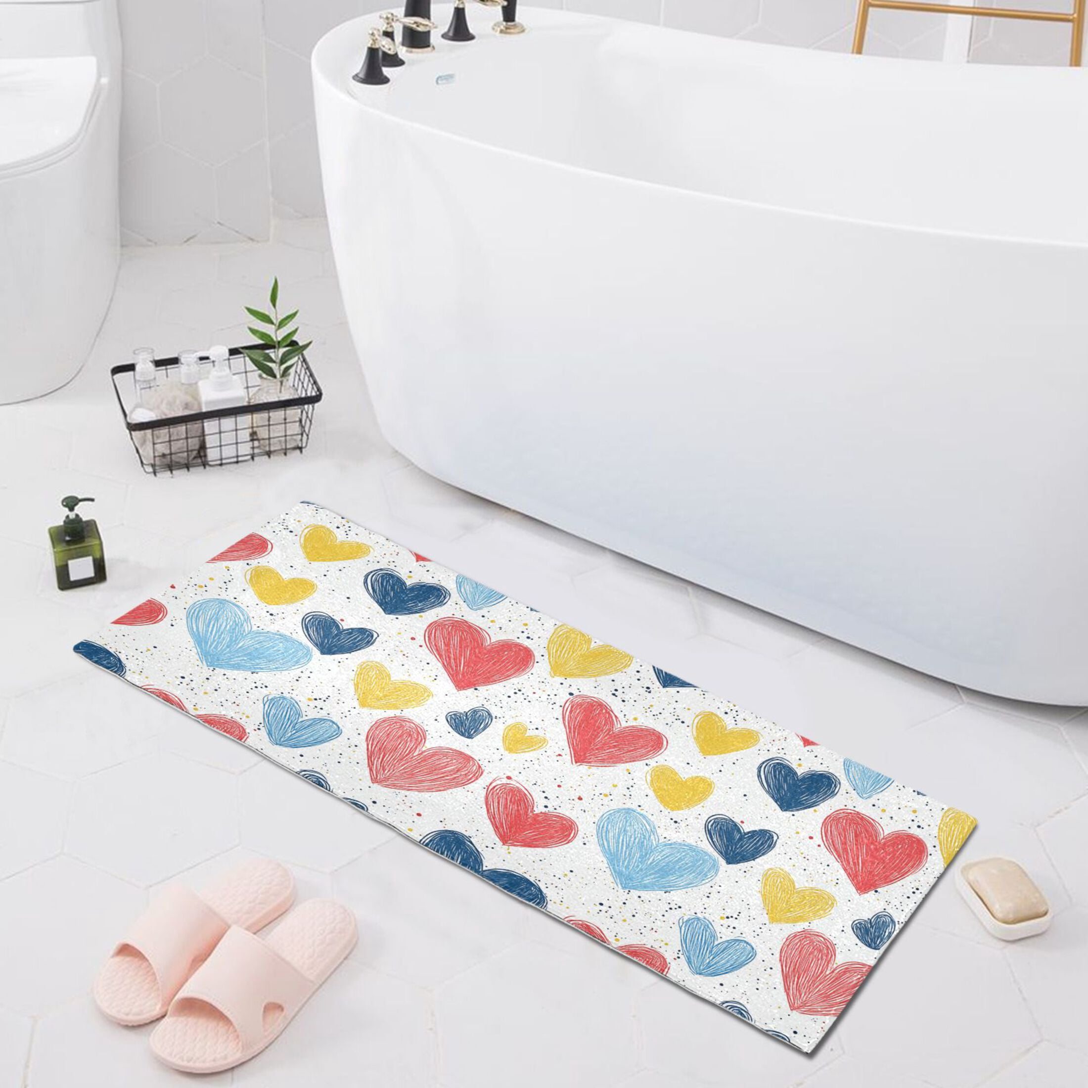 Dailycode Red Blue Yellow Hand-drawn Hearts Bathroom Rugs Non Slip ...