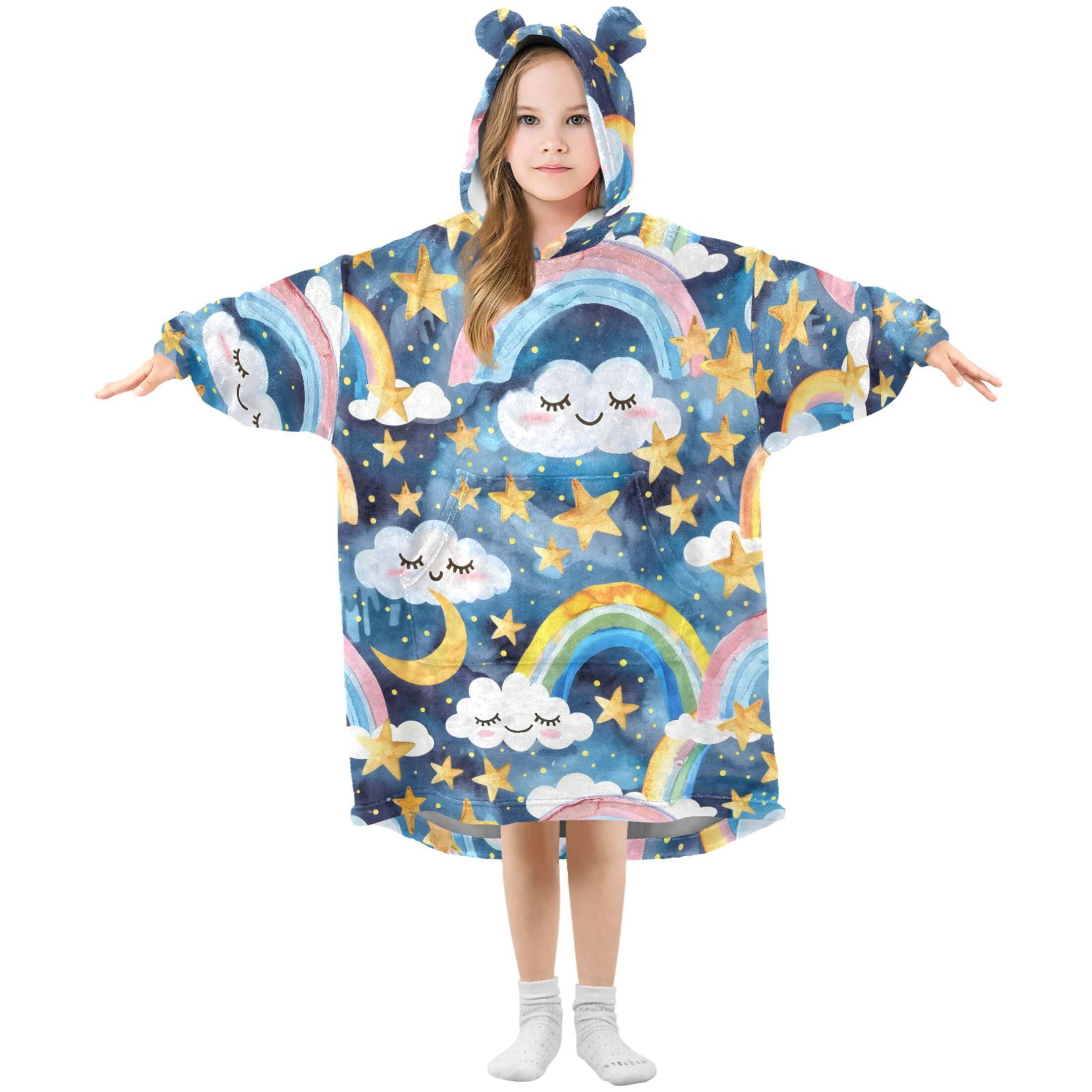 Dailycode Wearable Blanket Hoodie Oversized Sherpa Flannel Blankets with Pocket for 3-14 Year ...