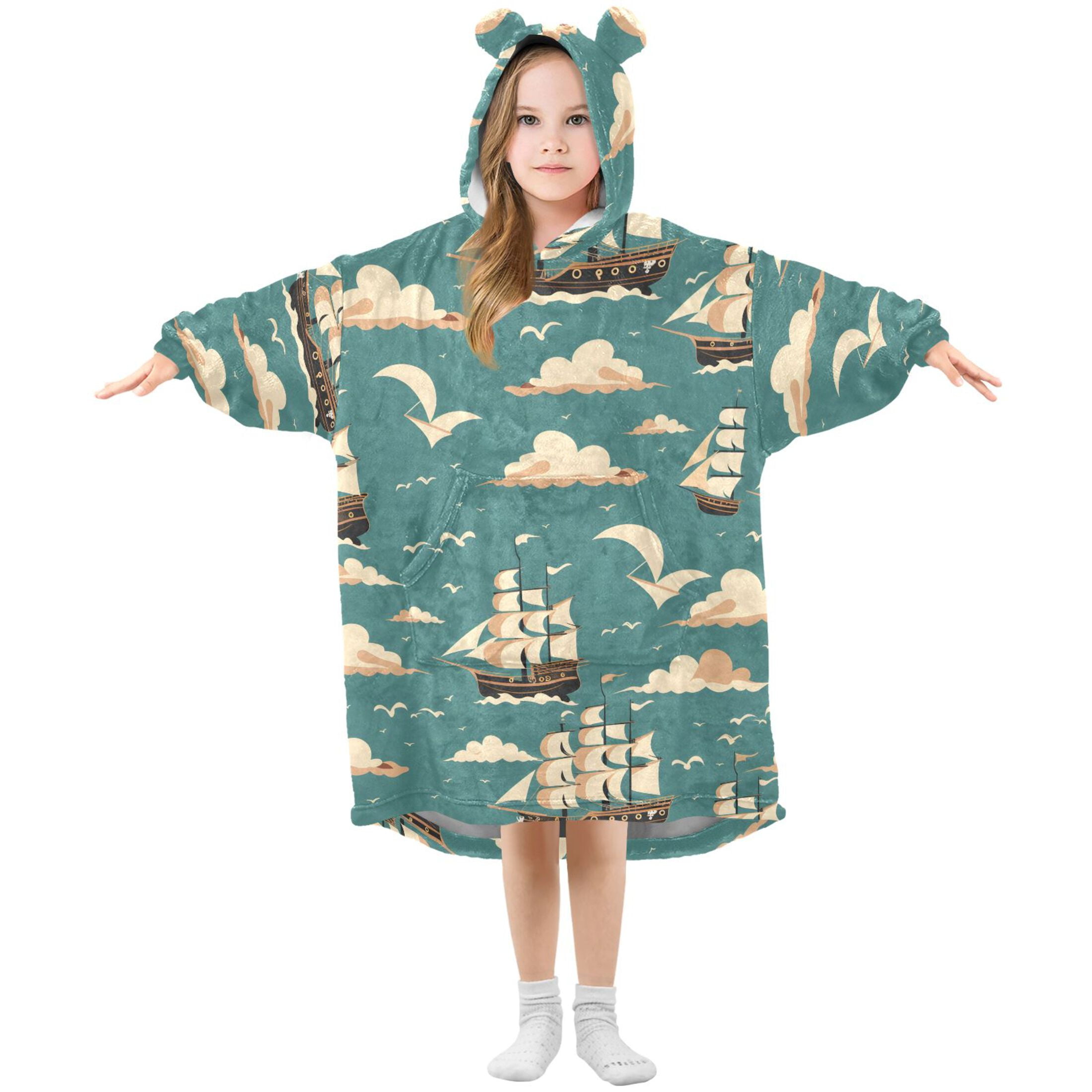 Dailycode Wearable Blanket Hoodie Oversized Sherpa Flannel Blankets with Pocket for 3-14 Year ...