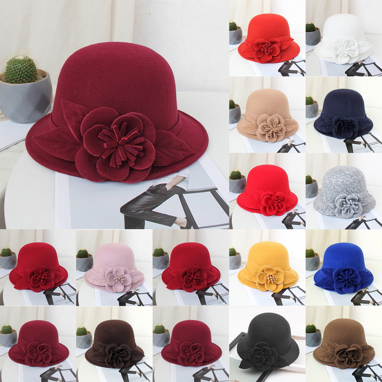 Dailypoc Women’s Autumn Winter Floral Hat - Round Top Casual Bowler Hat ...