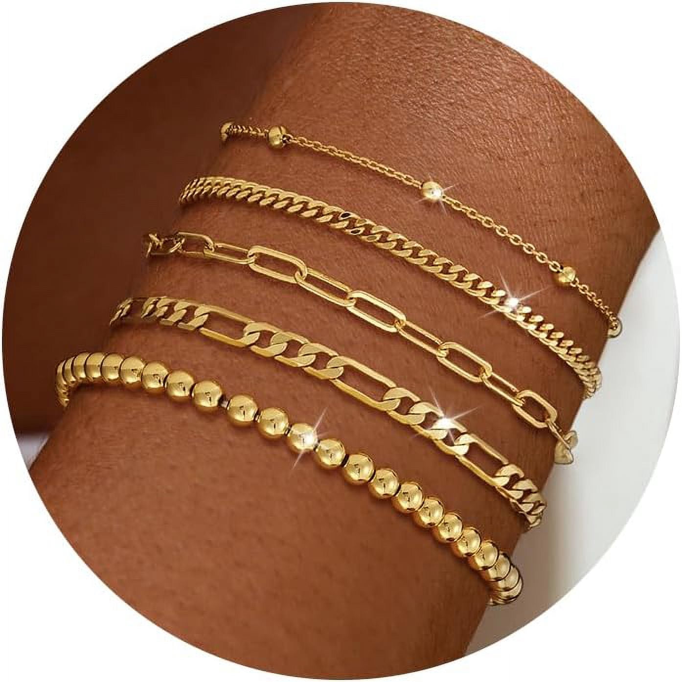 Dainty 14K Gold Stack Bracelet For Women - Trendy Bangle Cuff Figaro ...