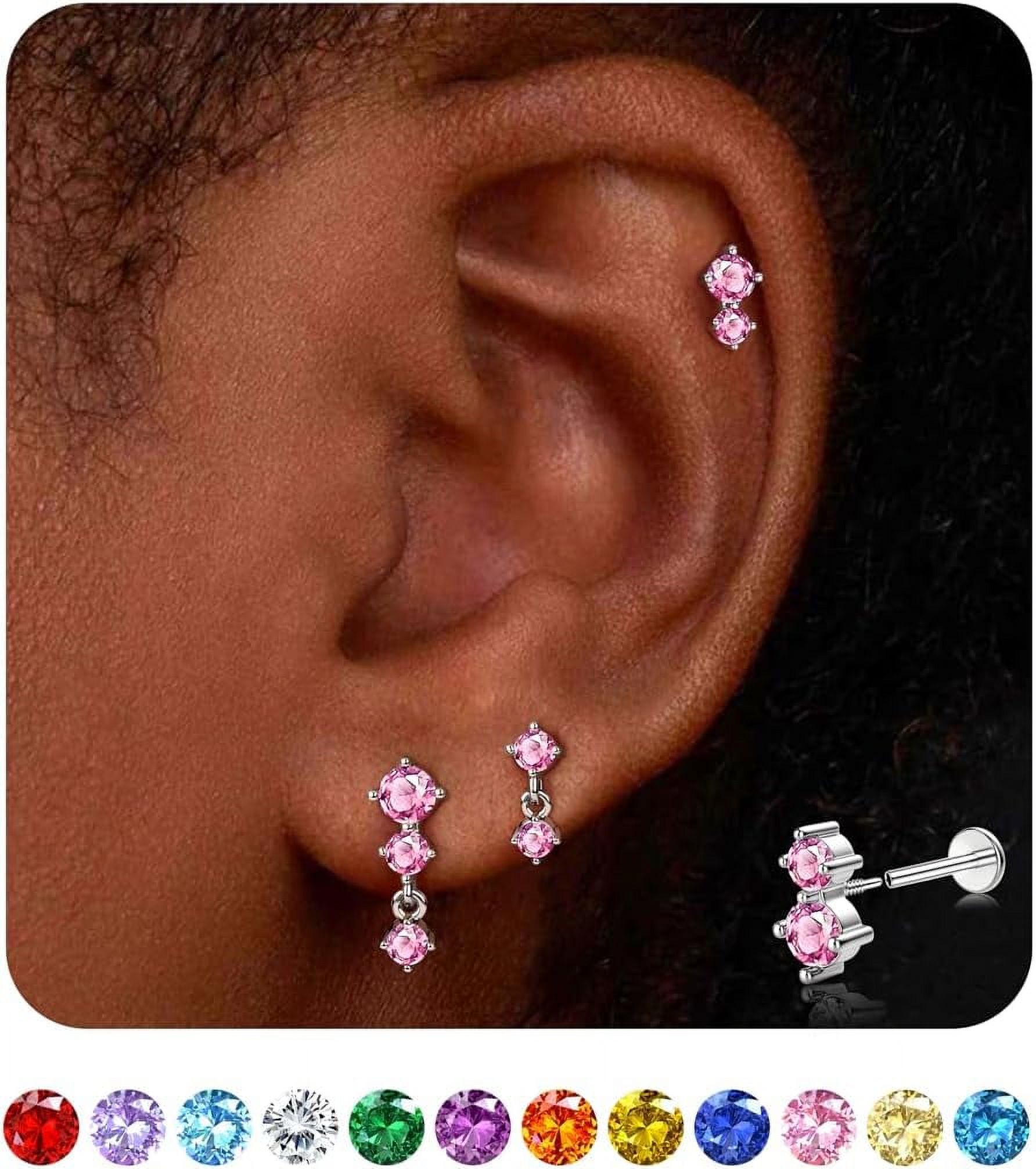 Dainty 3 Pairs Flat Back Earrings Studs 18G-Hypoallergenic Cartilage ...