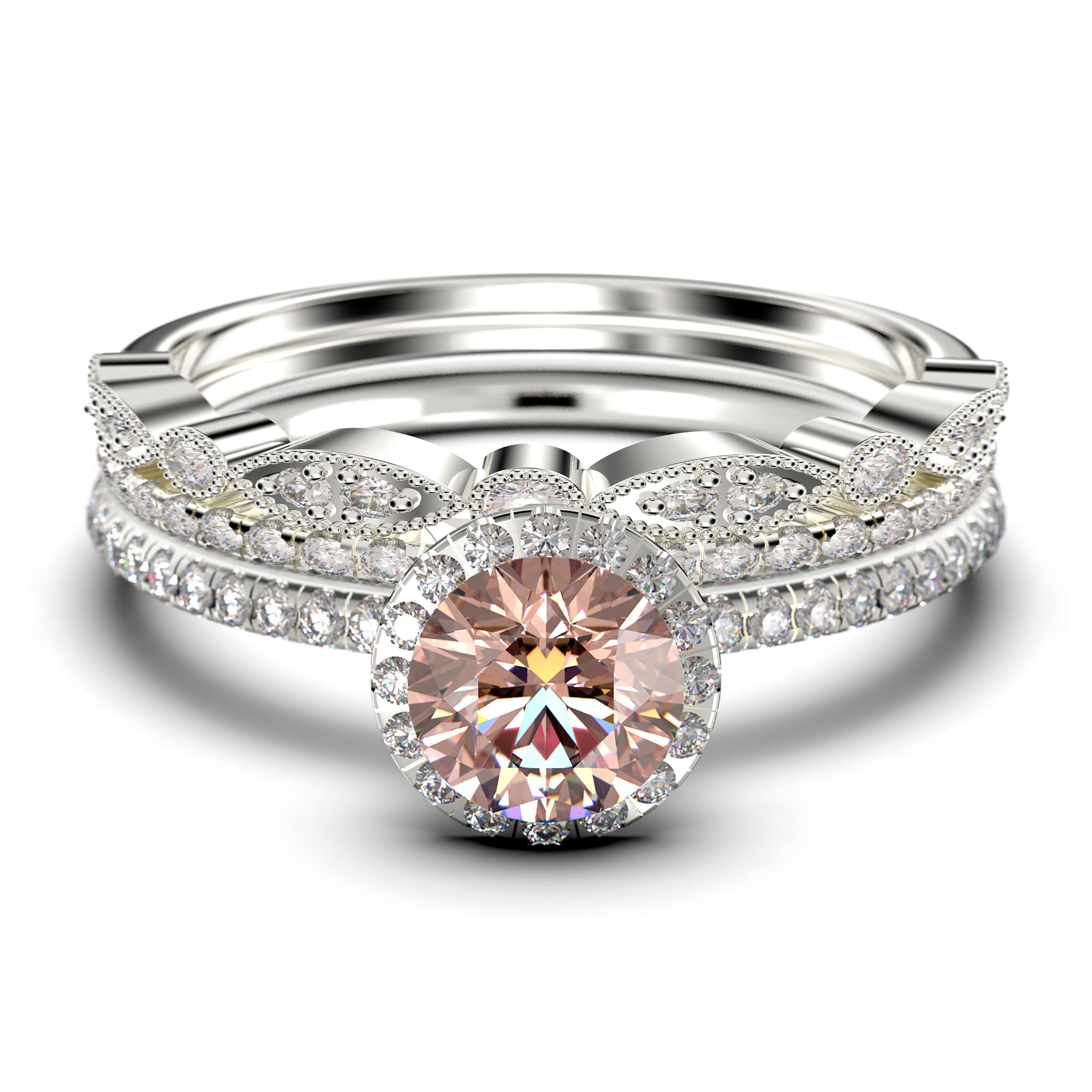 Dainty Art Deco 2.25 Carat Round Cut Morganite And Diamond Moissanite ...