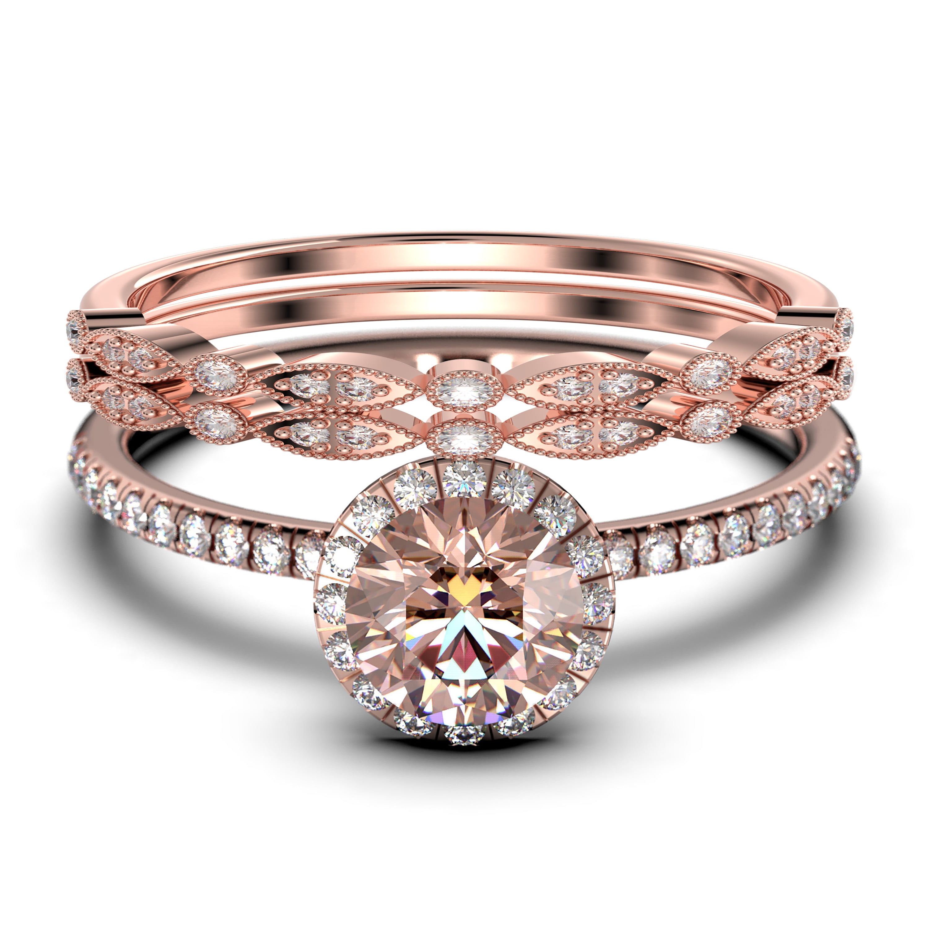 Dainty Art Deco 2.25 Carat Round Cut Morganite And Diamond Moissanite ...