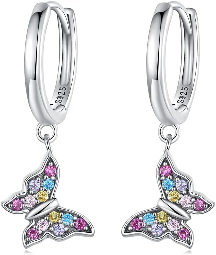 Dainty CZ Butterfly Dangle Hoop Earrings for Women 925 Sterling Silver ...