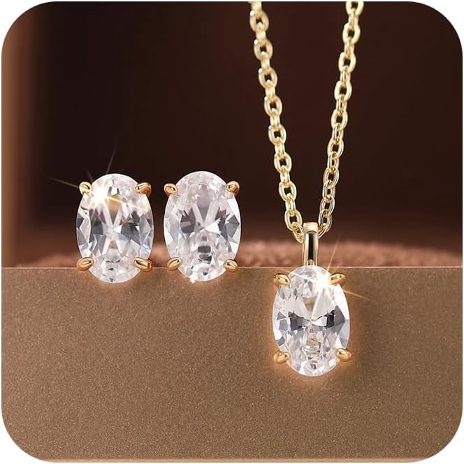 Dainty Elegant Bridal Pendant Necklace Earrings Sets Jewelry Oval Cut ...