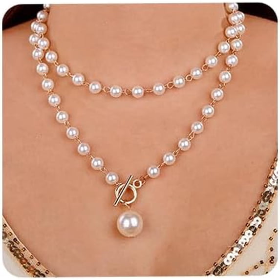 Dainty Faux Pearl Beaded OT Toggle Clasp Necklace with Earrings Gold ...