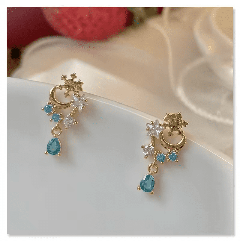 Dainty Gold Celestial Moon & Star Drop Earrings – Blue Crystal Dangle Earrings - Walmart.com