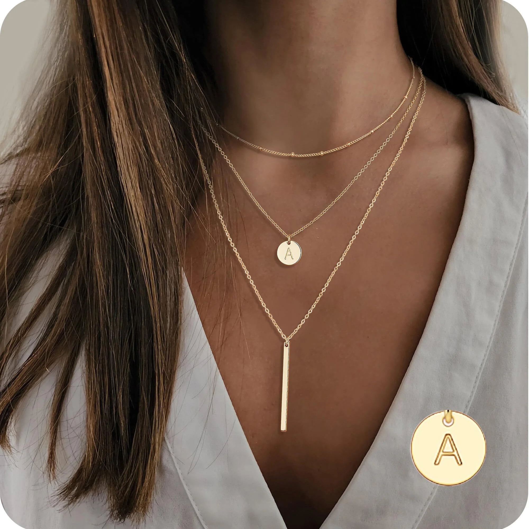 Turandoss 14K Gold Plated Coin Initial Layered Bar Pendant Y-Necklaces ...