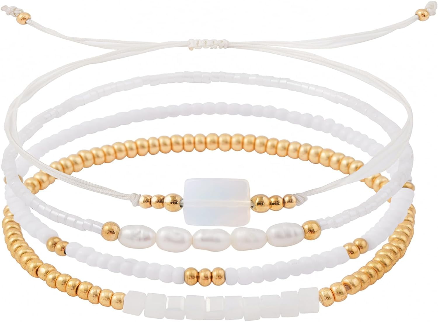 Dainty Gold Pearl Crystal Beaded Bracelets Set For Women 14K Real Gold ...