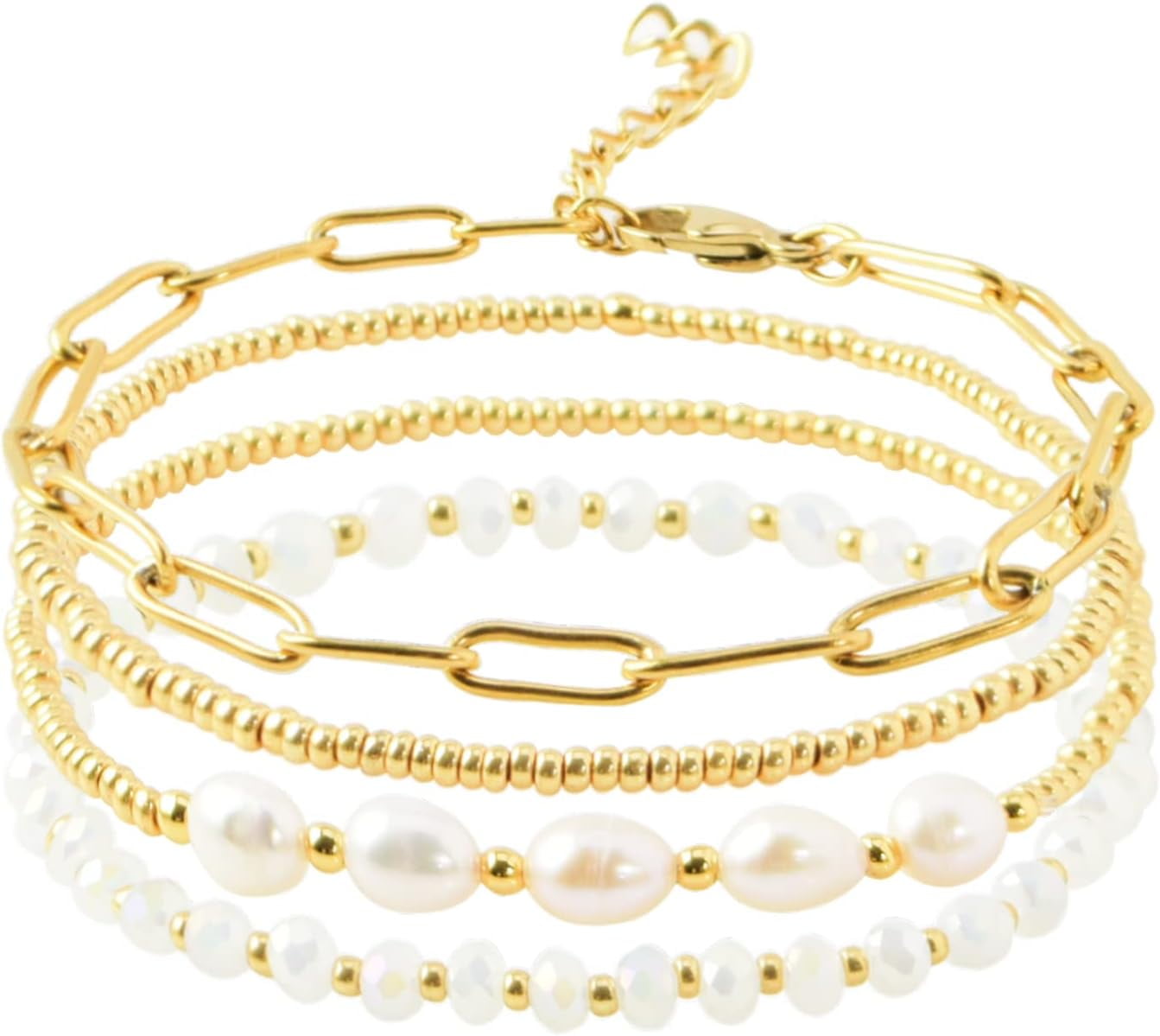 Dainty Gold Pearl Crystal Beaded Bracelets Set For Women 14K Real Gold ...