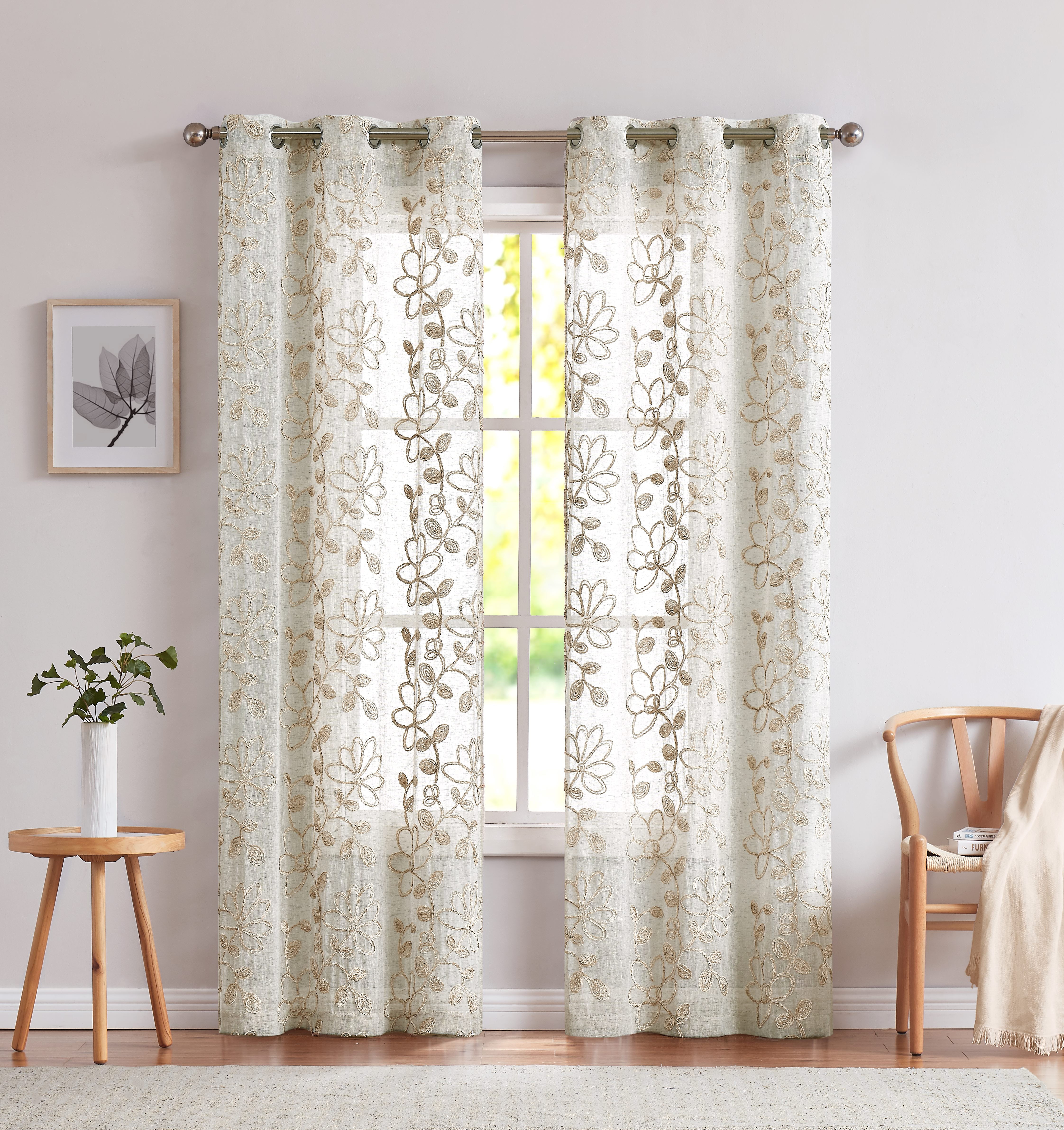 Dainty Home Rita 3D Floral Chenille Sheer Linen Curtain - 76 x 96 ...
