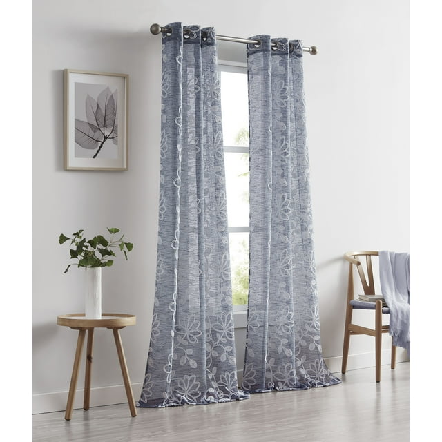 Dainty Home Rita Blue Floral Embroidered Curtain, Light Filtering ...
