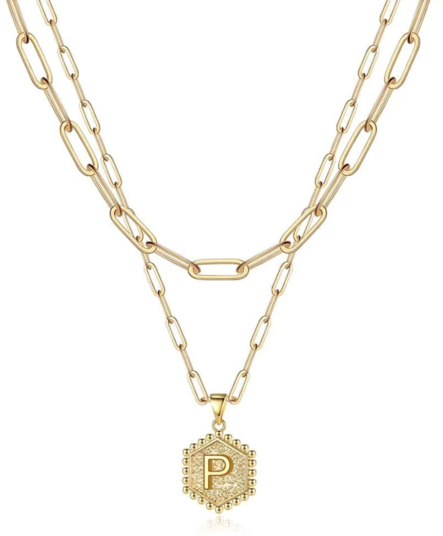 Dainty Layered Initial Necklaces for Women, 14K Gold Plated Paperclip ...