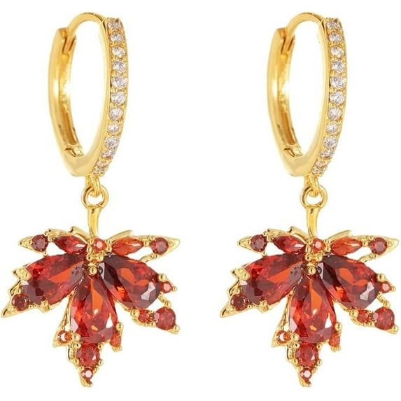 Dainty Maple Leaf Dangle Hoop Earrings Cubic Zirconia Crystal Leaves ...