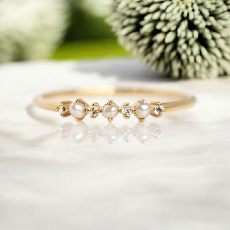 Dainty Natural Pearl Moissanite Diamond Cluster Wedding Band, Ring Solid Gold Stacking Ring for ...