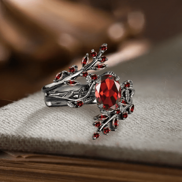 Dainty Oval Cut Garnet Engagement Ring - 14K Black Gold Finish - Bridal Promise Ring Set ...