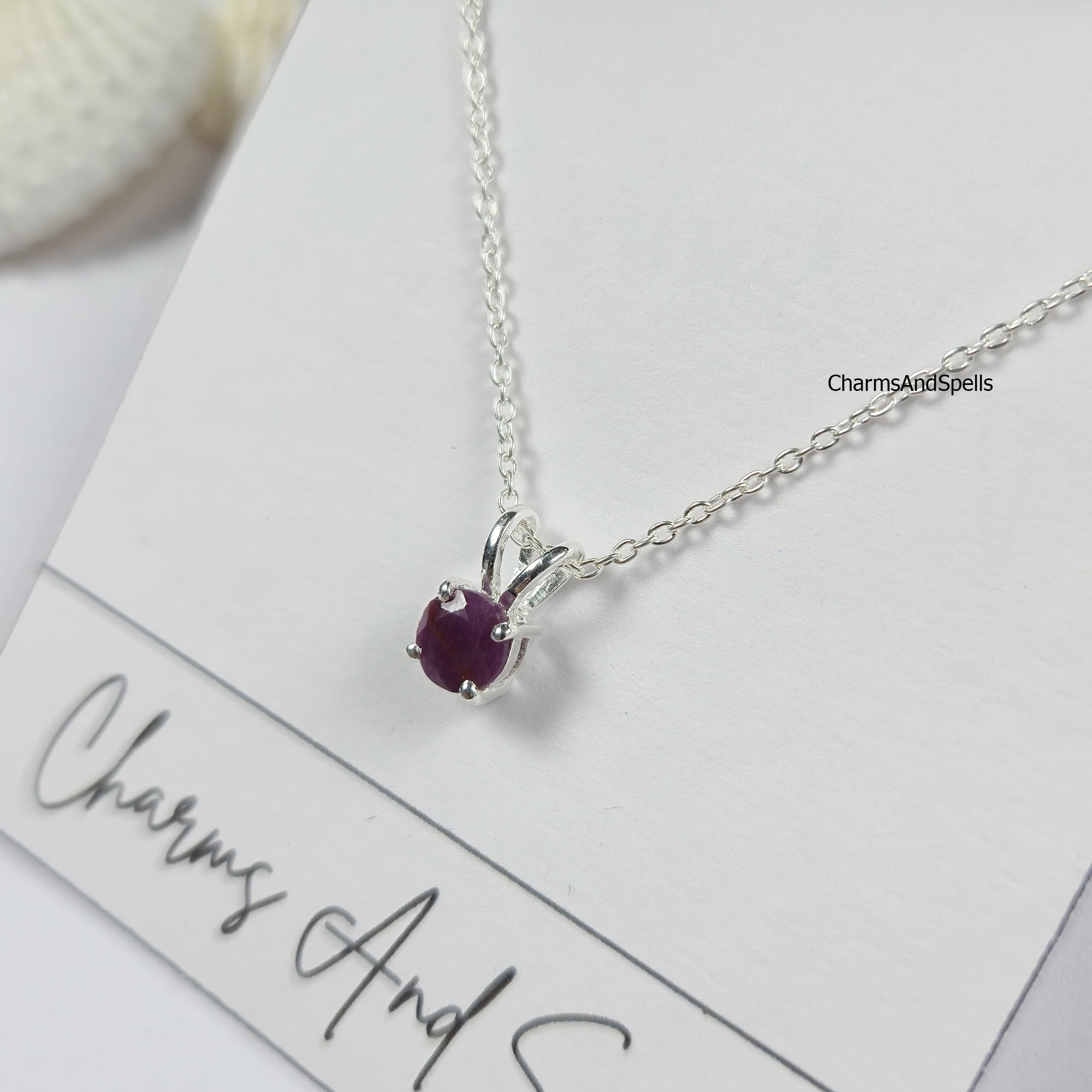 Dainty Ruby Charm Necklace, Red Gemstone Pendant, Sterling Silver Halo ...