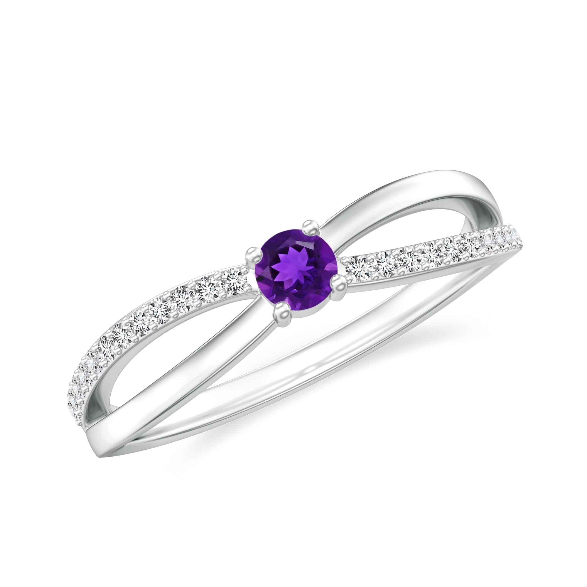 Dainty Solitaire Engagement Ring with Side Stone 925 Sterling Silver/ White Gold Plated Amethyst ...
