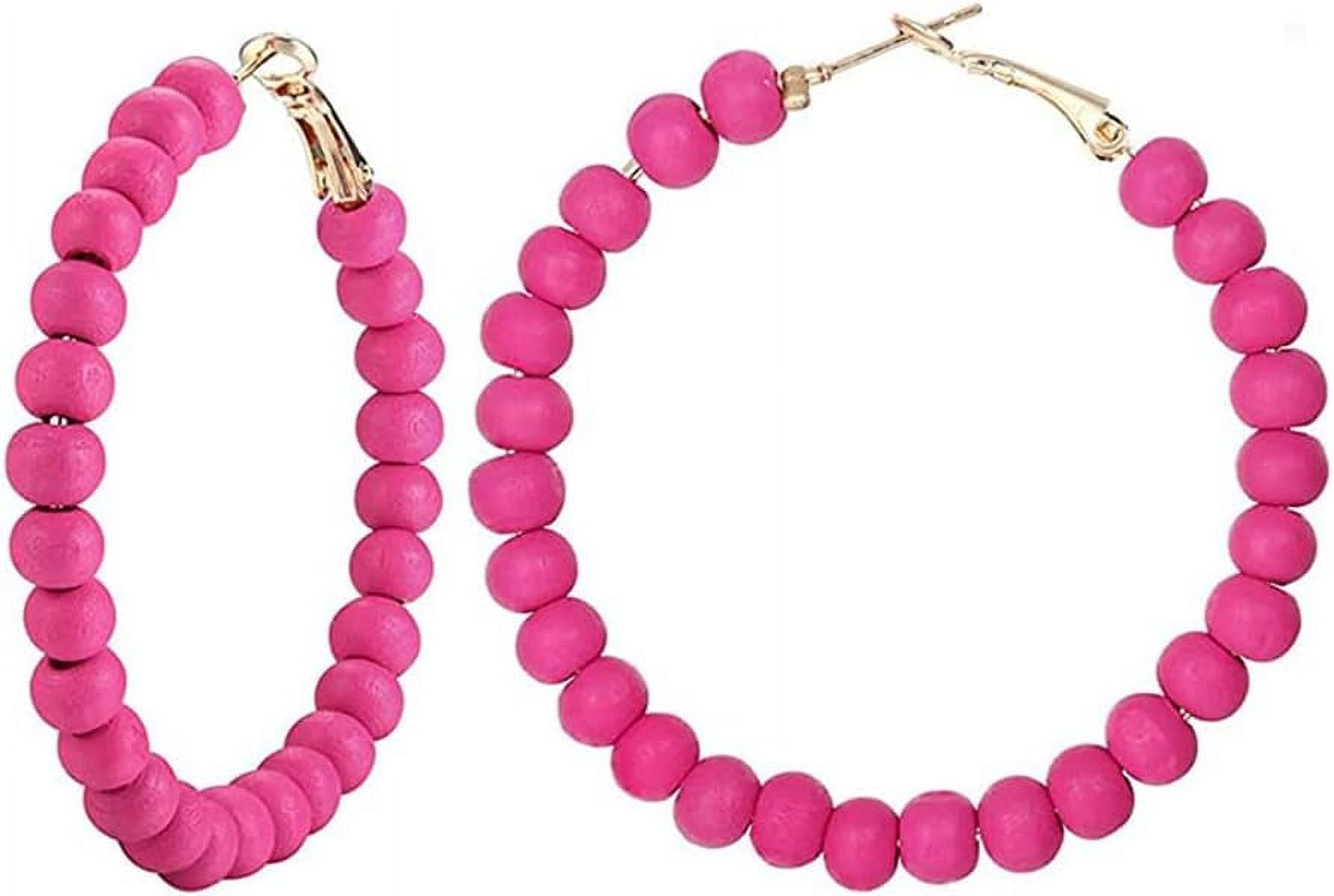 Dainty Wood Beaded Hot Pink Bohemian Large Big Hoop Earrings for Women ...