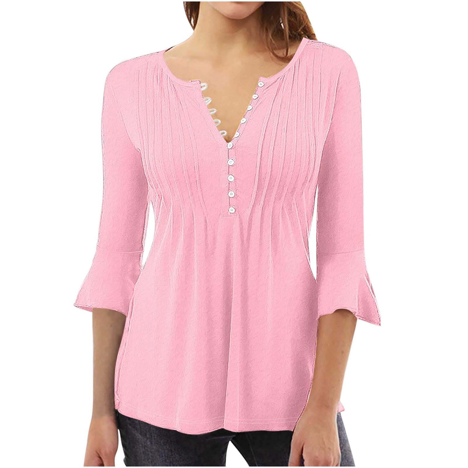 Daiosportswear 3/4 Length Sleeve Shirts for Women Half-Button Down V ...