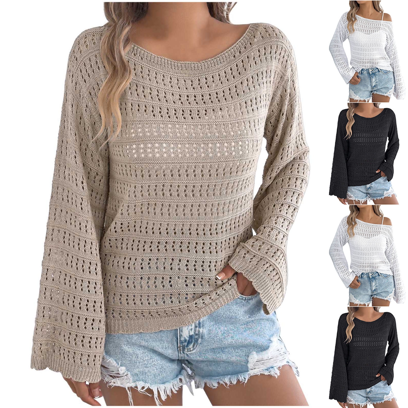 Daiosportswear Crochet Long Sleeves Cover Ups for Women Hollow Out Swim ...