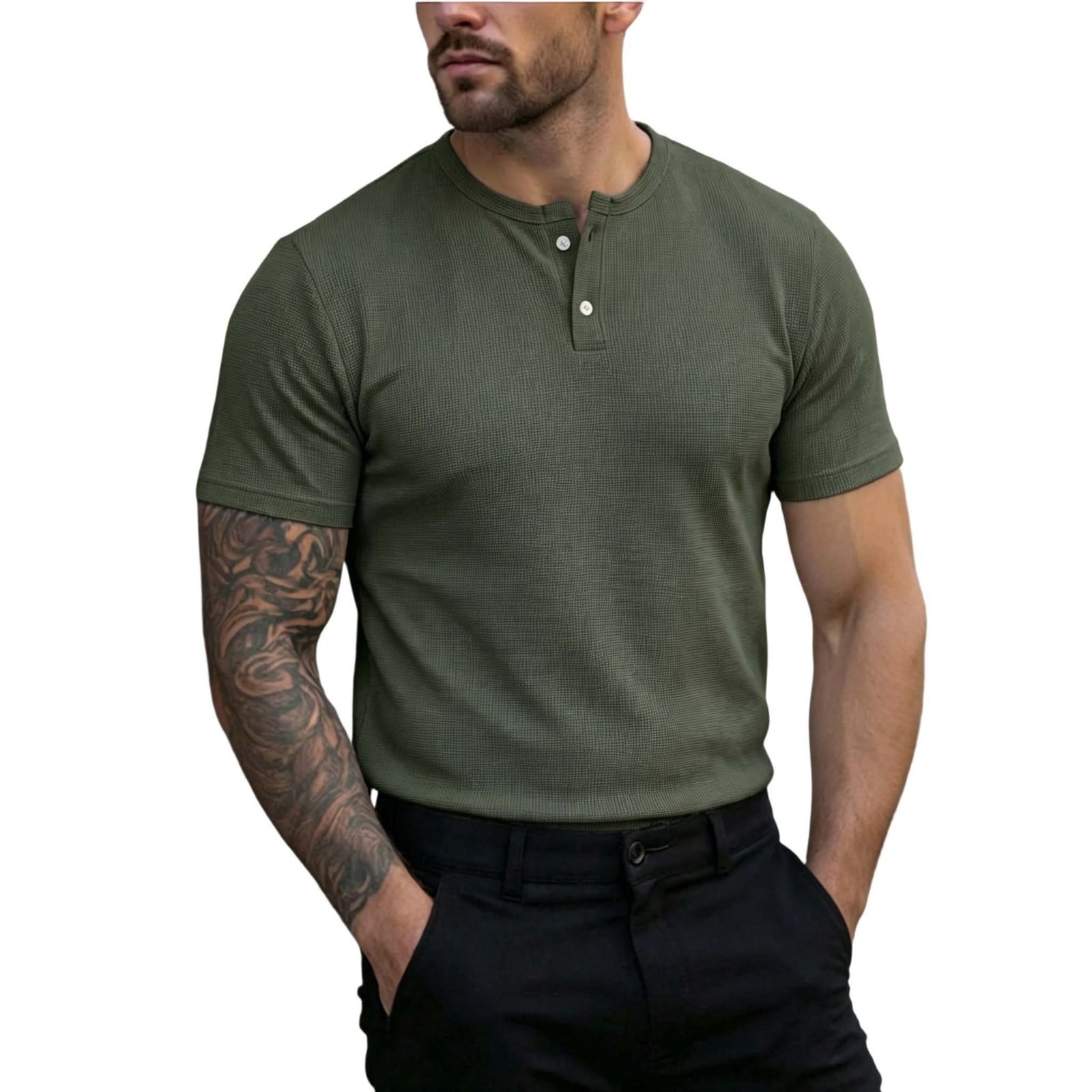 Daiosportswear Henley Shirts for Men Short Sleeve Waffle-Knit 3 Button ...