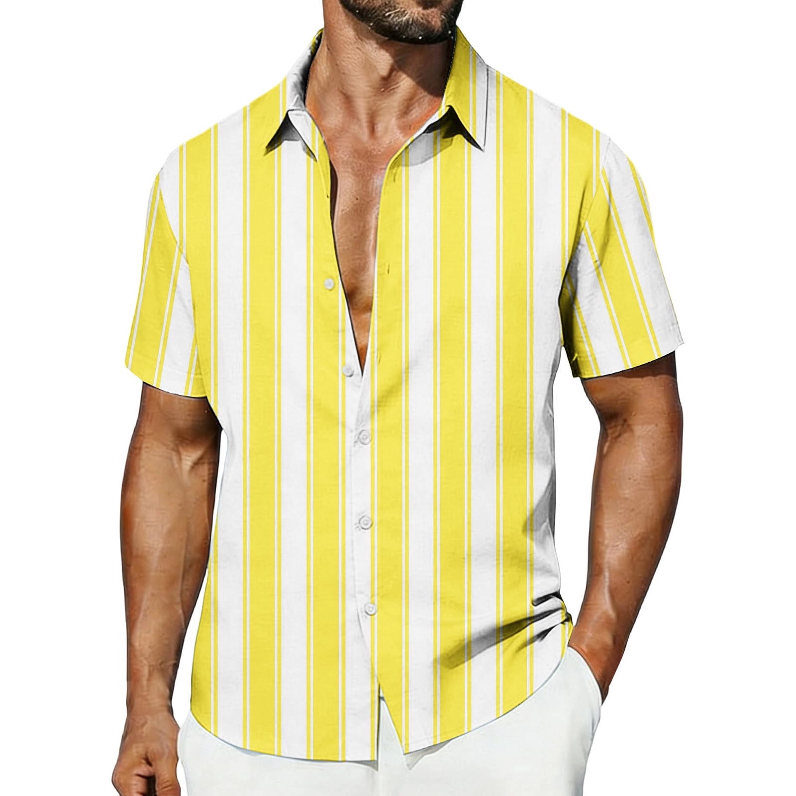 Daiosportswear Men'S Casual Hawaiian Striped Shirts Short Sleeve Button ...