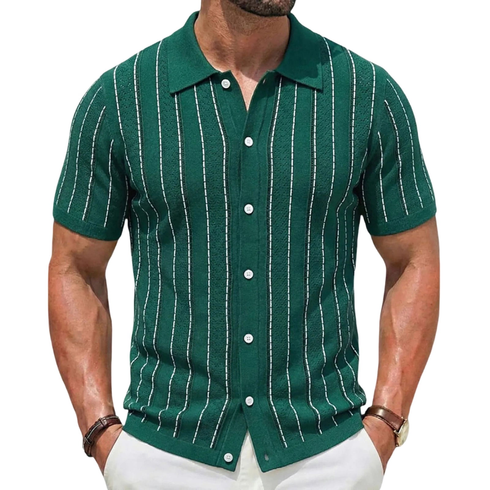 Daiosportswear Men'S Patchwork Stripe Knit Shirt Summer Casual Button ...