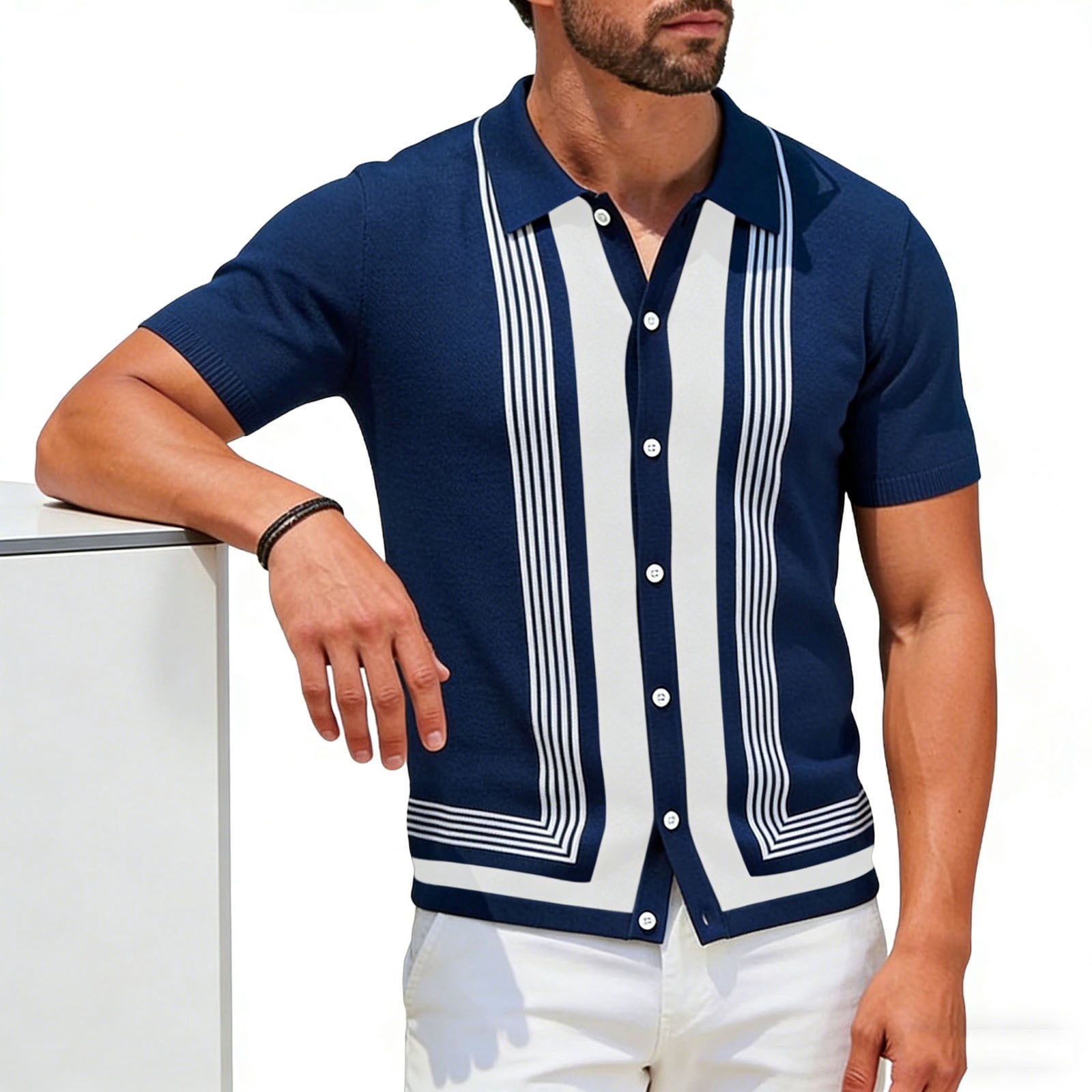 Daiosportswear Men'S Polo Shirts Vintage Striped Button Down Knitted ...