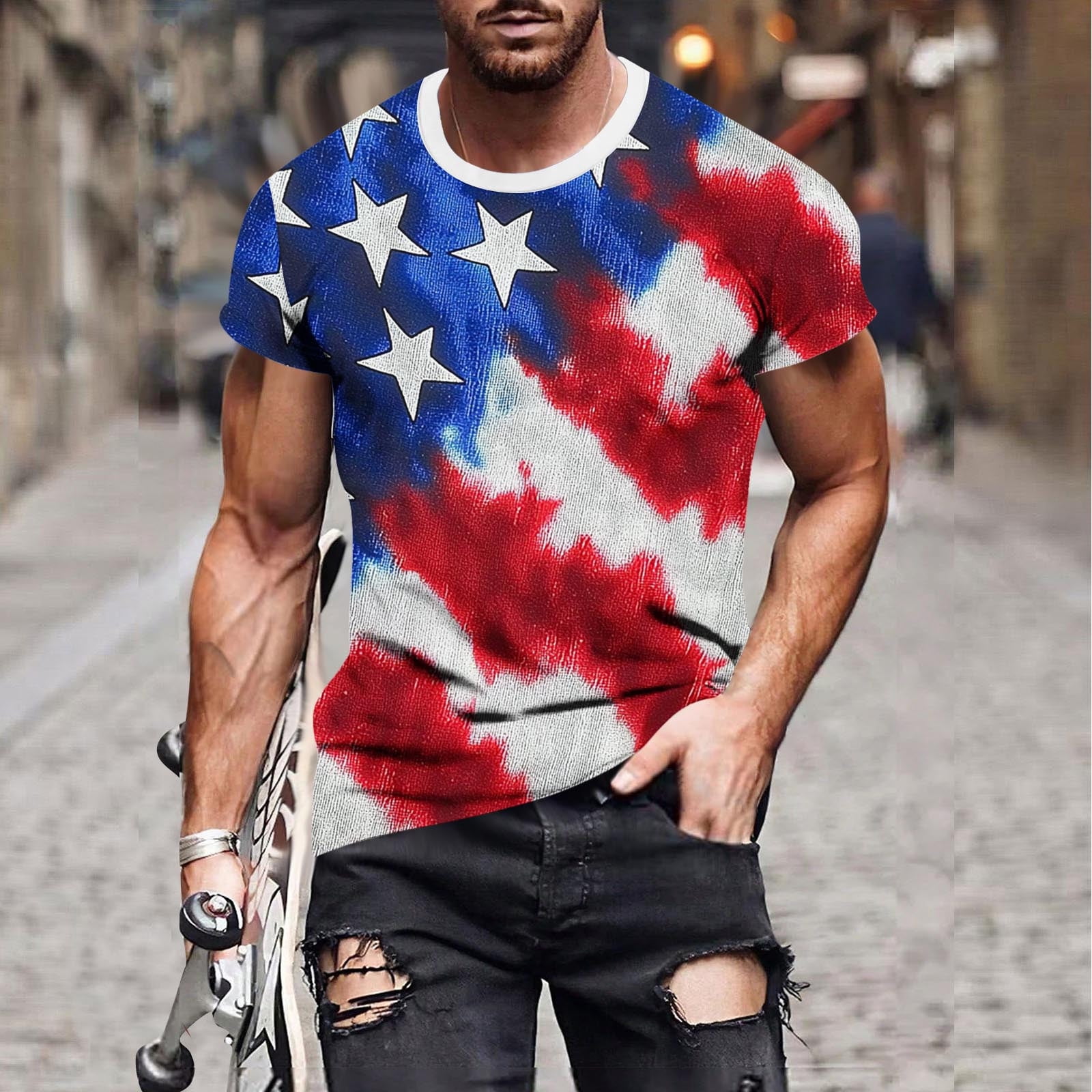 Daiosportswear Men's Patriotic Red White Blue Star Gradient Print T ...
