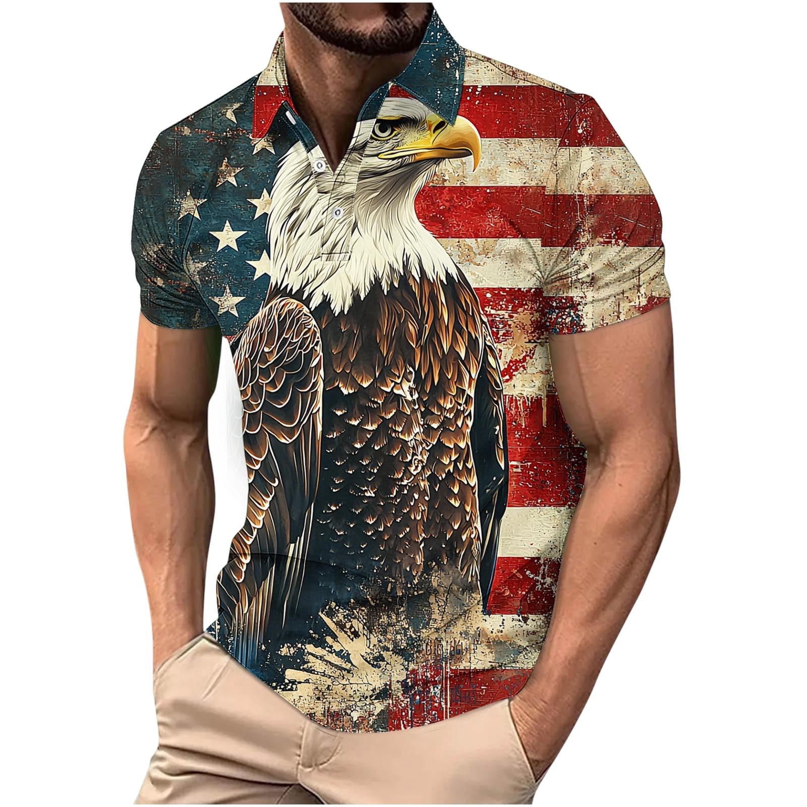 Daiosportswear Men's Patriotic Red White Blue Star Print Polo Shirt ...