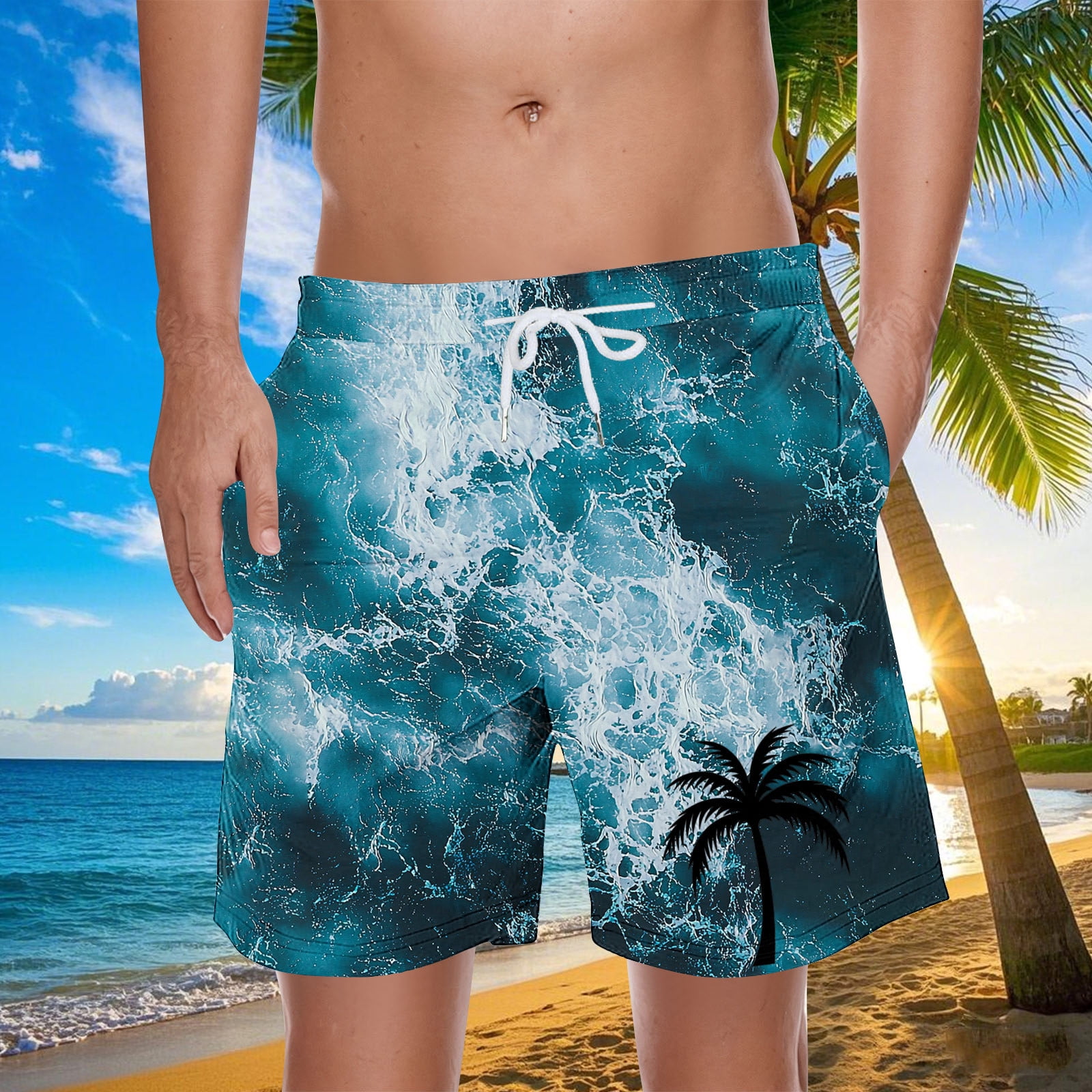 Daiosportswear Men's Summer Beach Board Shorts with Teal Wave Print and ...