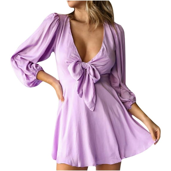 Daiosportswear Summer Dresses for Women Fashion Women Soild Bow V-neck ...