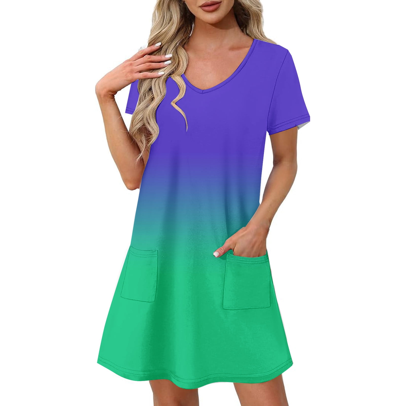 Daiosportswear Summer Two-Color Gradient Dresses for Women Loose V Neck ...