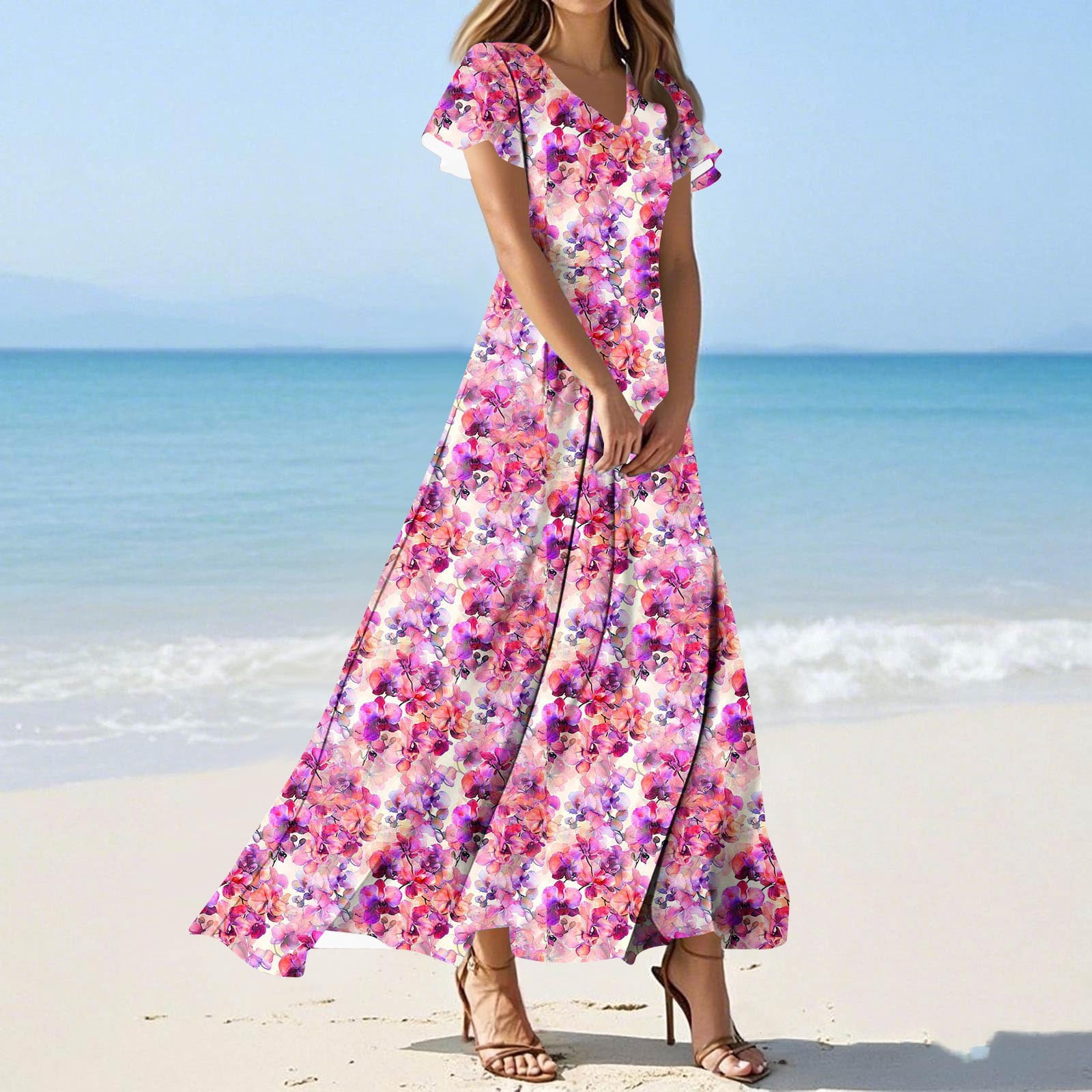 Daiosportswear Women'S Floral Maxi Dress Flowy V Neck Ruffle Short ...