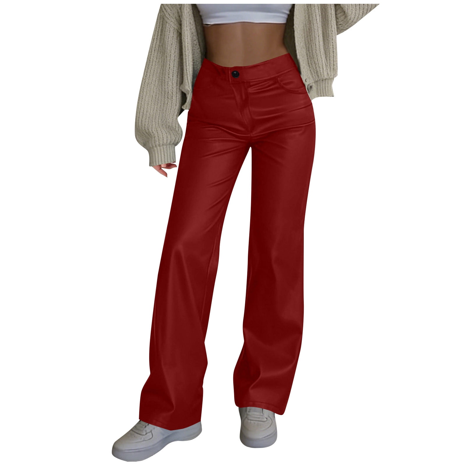 Daiosportswear Women's Leather Pants Button PU Jeans Straight Wide Leg ...