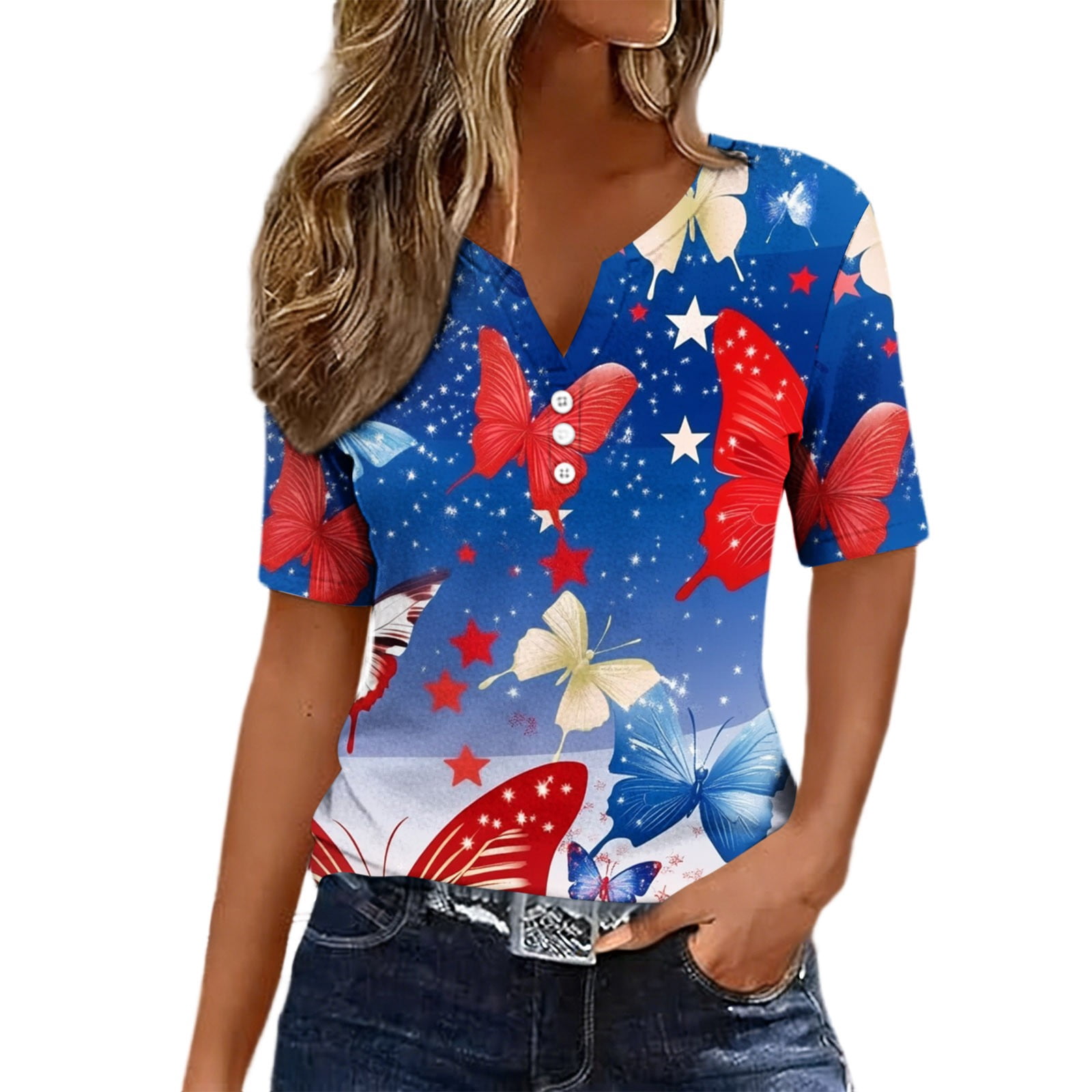 Daiosportswear Women's Patriotic Graphic Short Sleeve V-Neck Casual Top ...